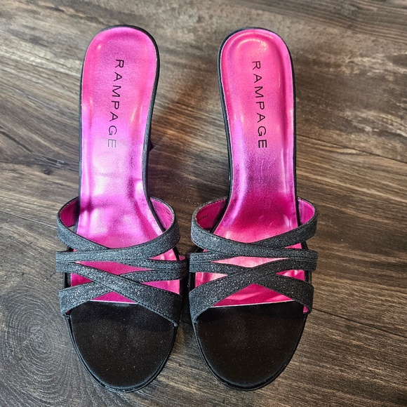 Rampage | Shoes | Nwt Siren Black 85m Low Heel Sandals Glitter Strappy ...